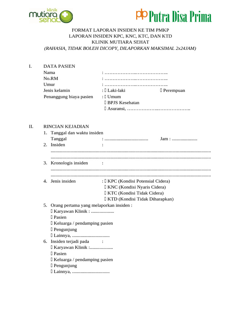 1.3 Format Laporan Insiden Ke Tim PMKP (Sudah Diisi) | PDF
