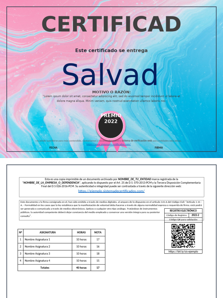 Certificado Rosado Con Celeste de Dondo | PDF