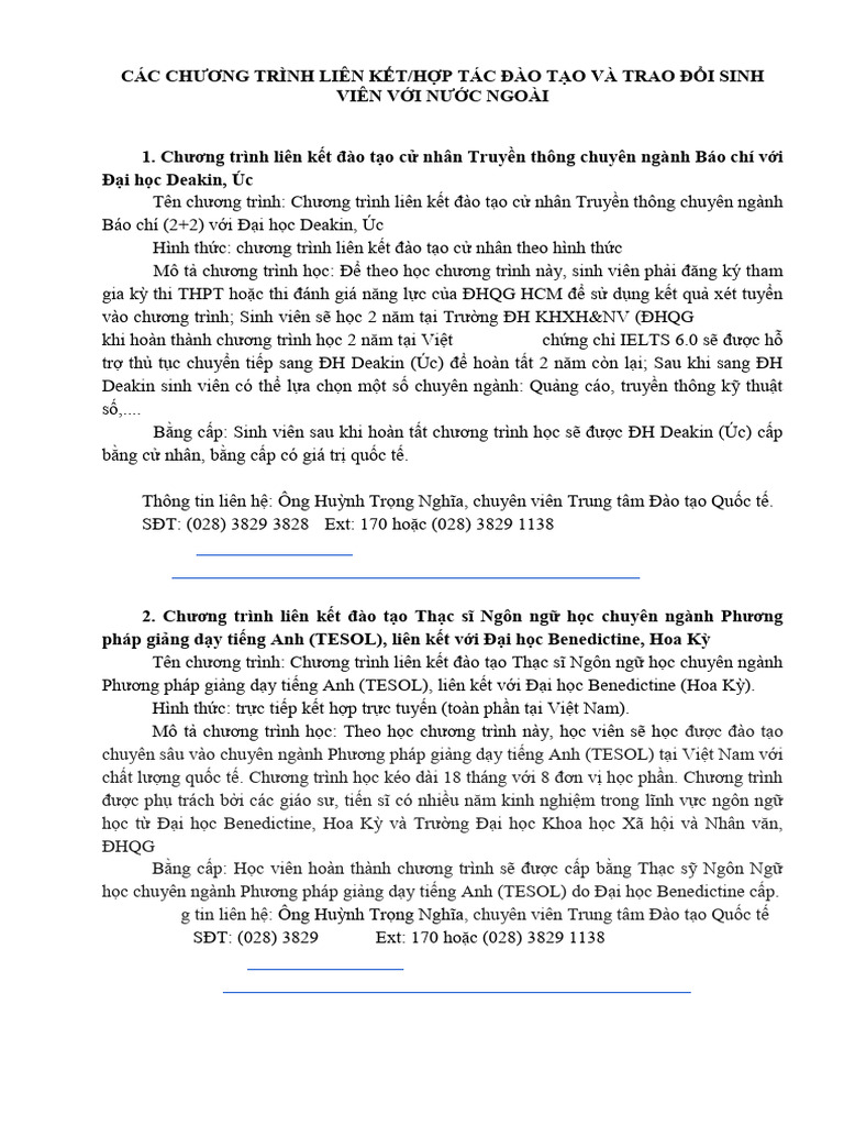 GIỚI THIỆU TÓM TẮT CÁC CT LIEN KET HỢP TÁC ĐÀO TẠO | PDF