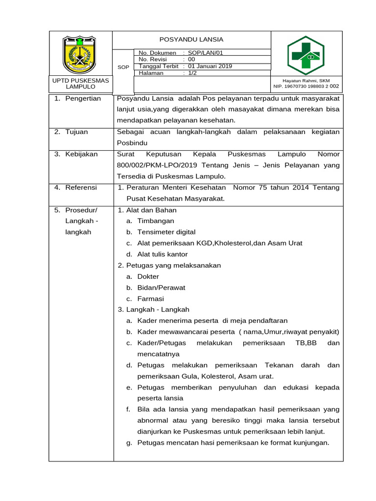 SOP. 01. SOP Lansia | PDF