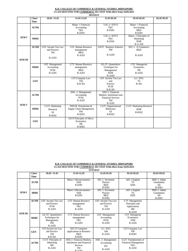 Routine Odd Semester 2023 | PDF