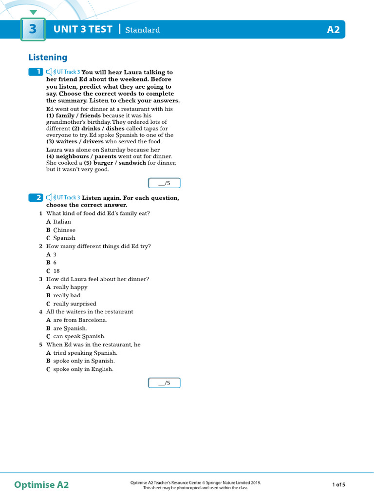 Optimise A2 Unit 3 Test Overview | PDF | School Meal | Lunch