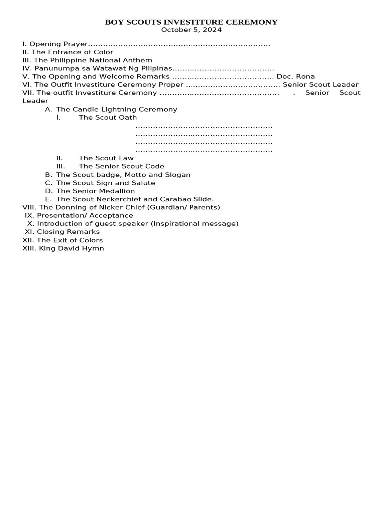 BOY SCOUTS INVESTITURE CEREMONY Program | PDF