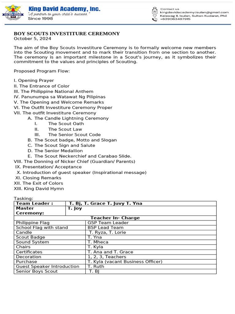 Program Flow BSP Investiture | PDF