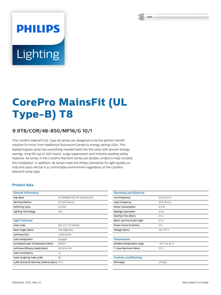 Catalog Led Tube Philip 18w 929002483904 Eu.en Aa.prof.Fp | PDF