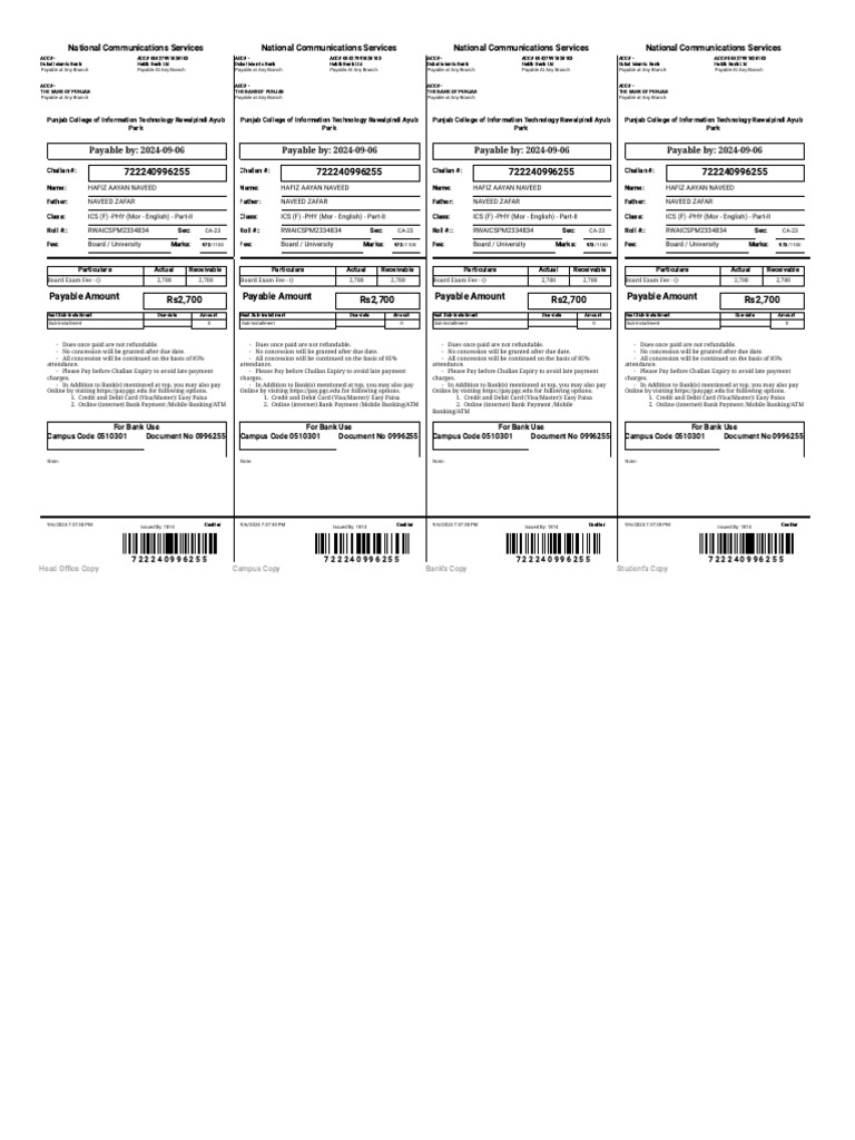 Punjab College Fee Challan Form | PDF | Credit Card | Visa Inc.