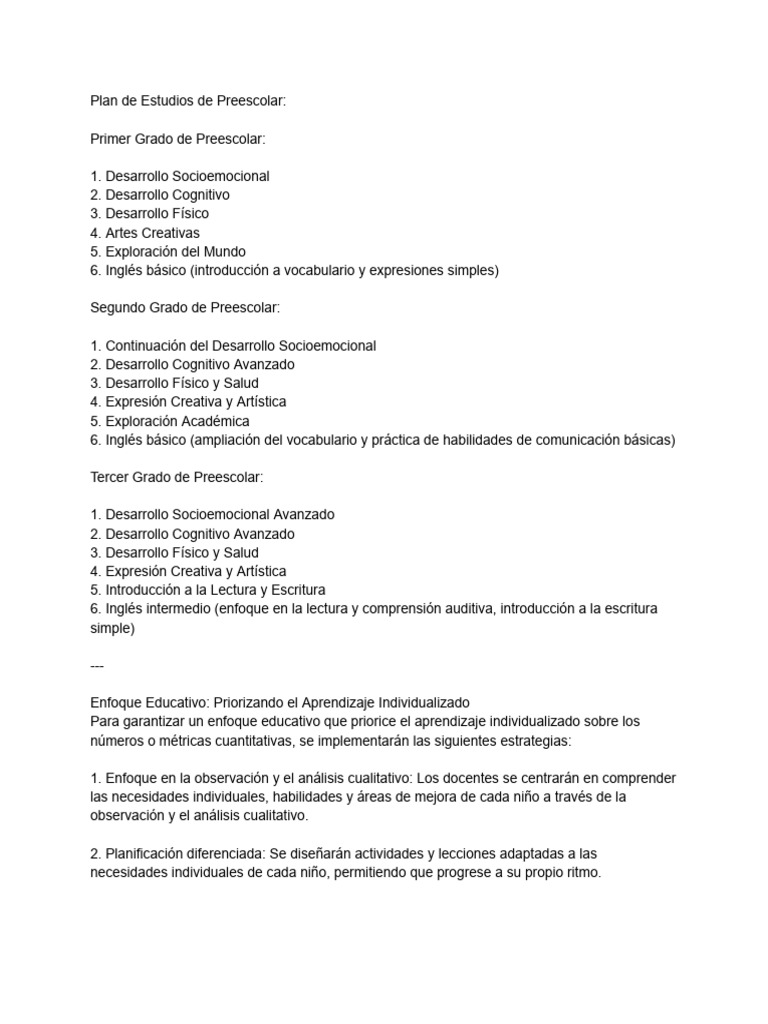Plan de Estudios de Preescolar | PDF