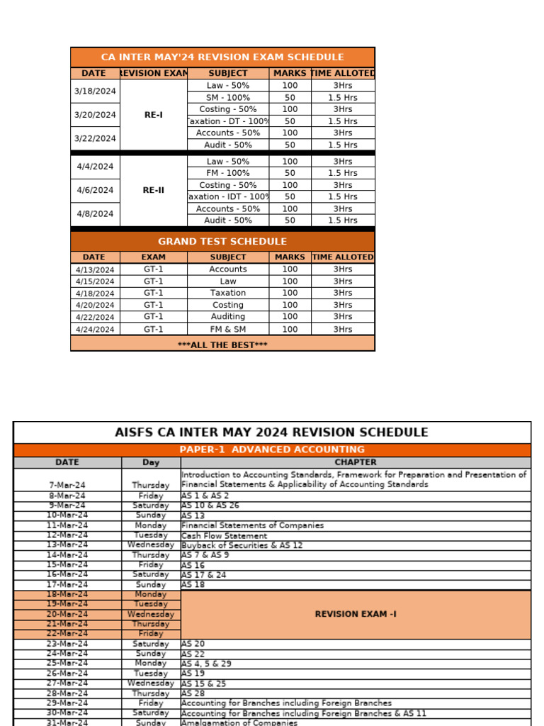 CA Inter - Revision Schedule - Aug 23 | PDF