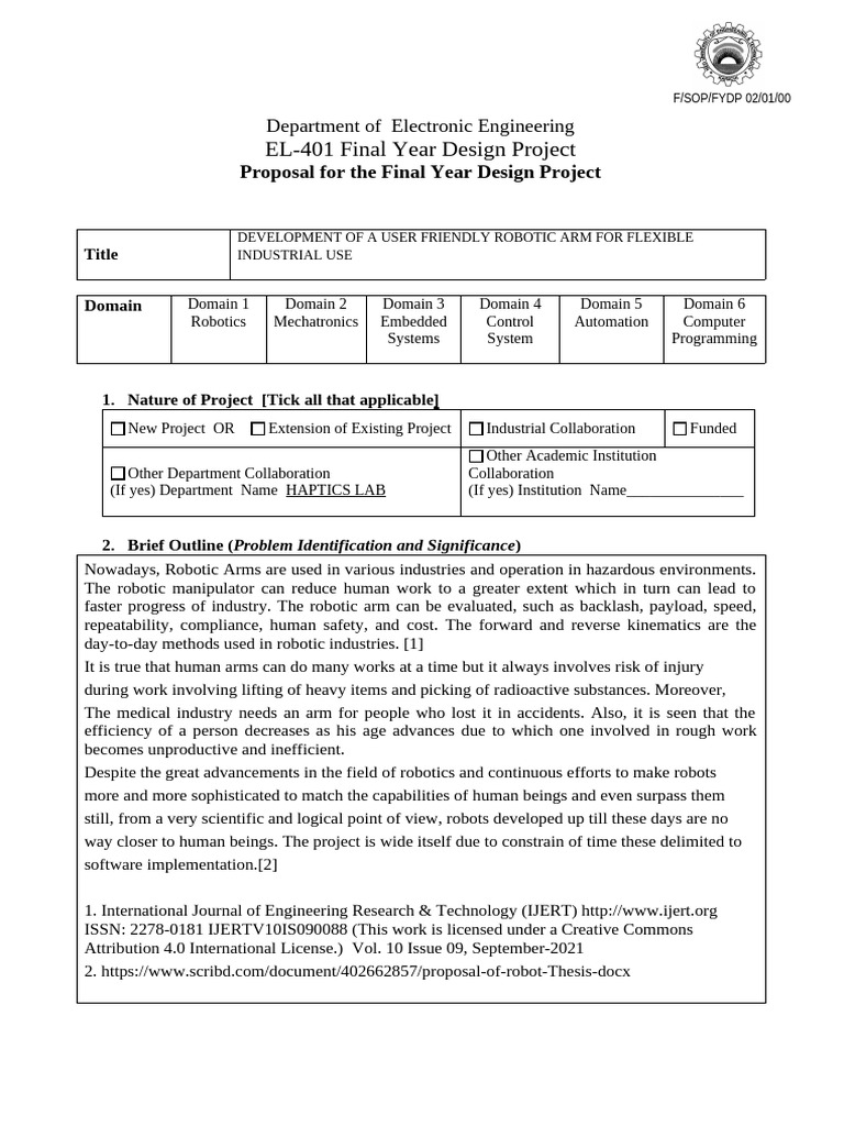 Fydp Report Robotic Arm Proposal PDF | PDF