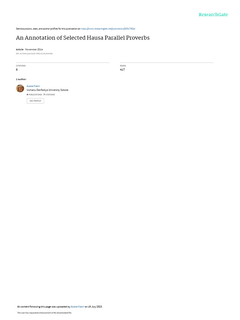 An Annotation of Selected Hausa Parallel Proverbs | PDF | Proverb | Linguistics