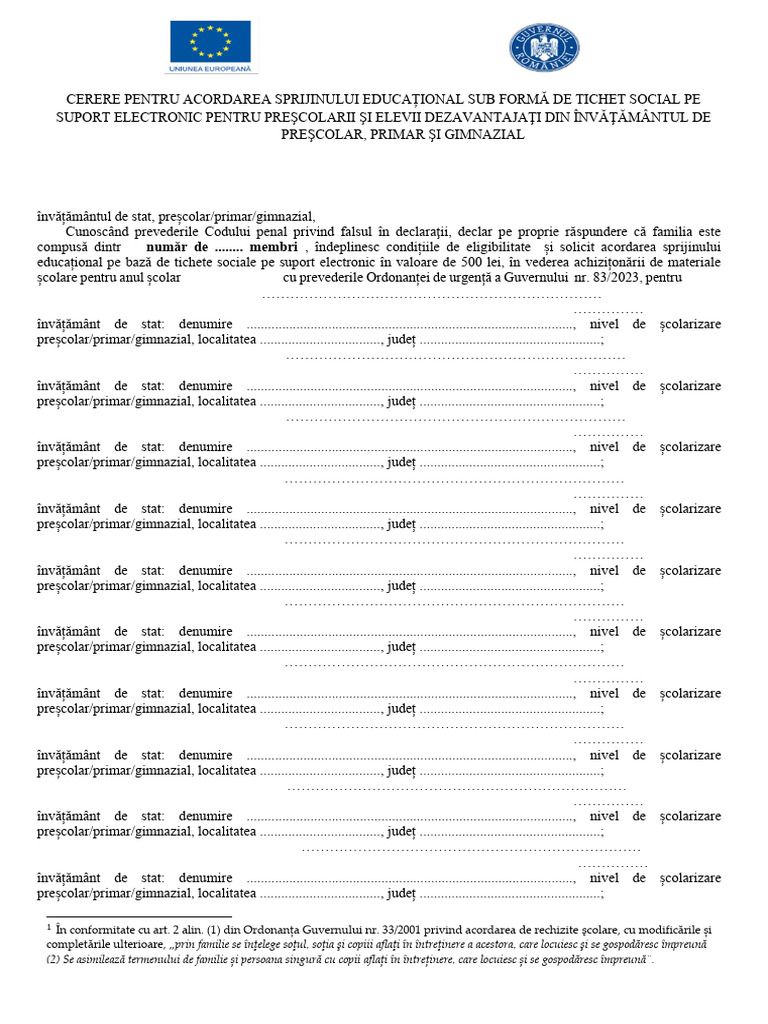 Model Cerere Tichete Sociale 2024-2025 | PDF