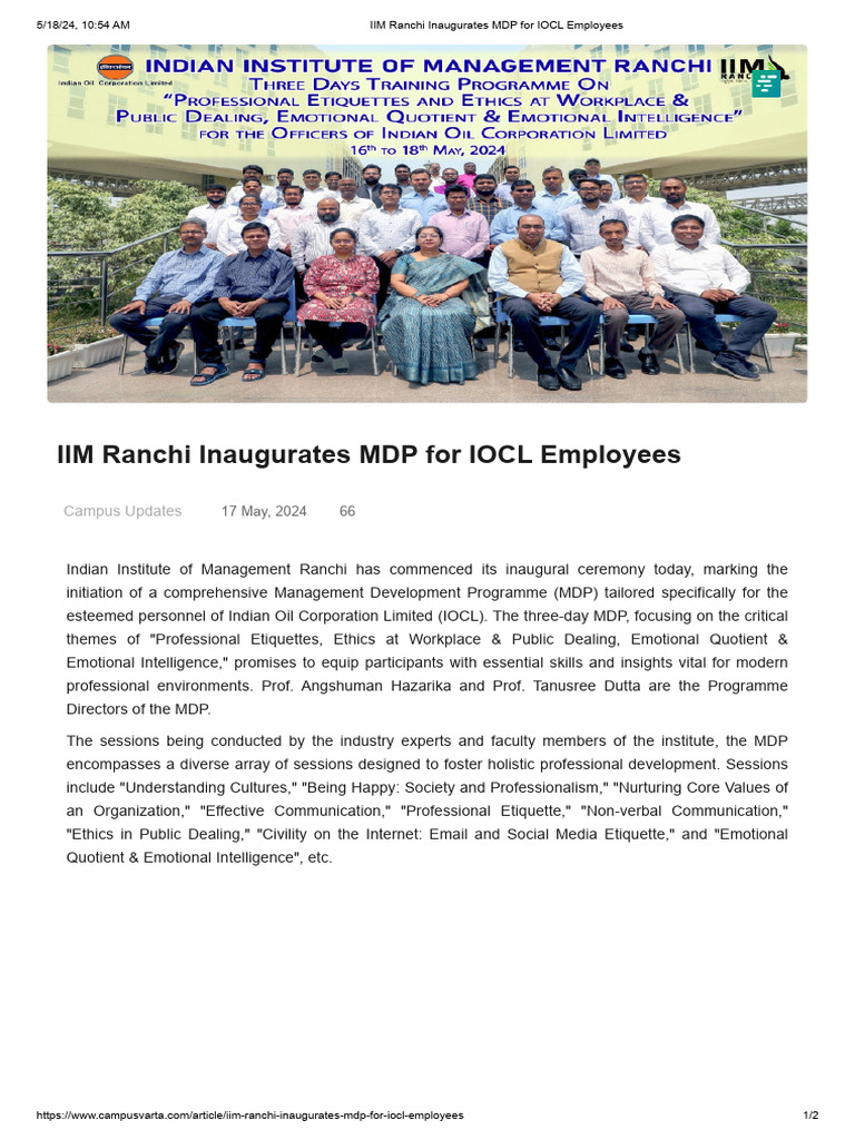IIM Ranchi Inaugurates MDP For IOCL Employees | PDF | Social Psychology ...