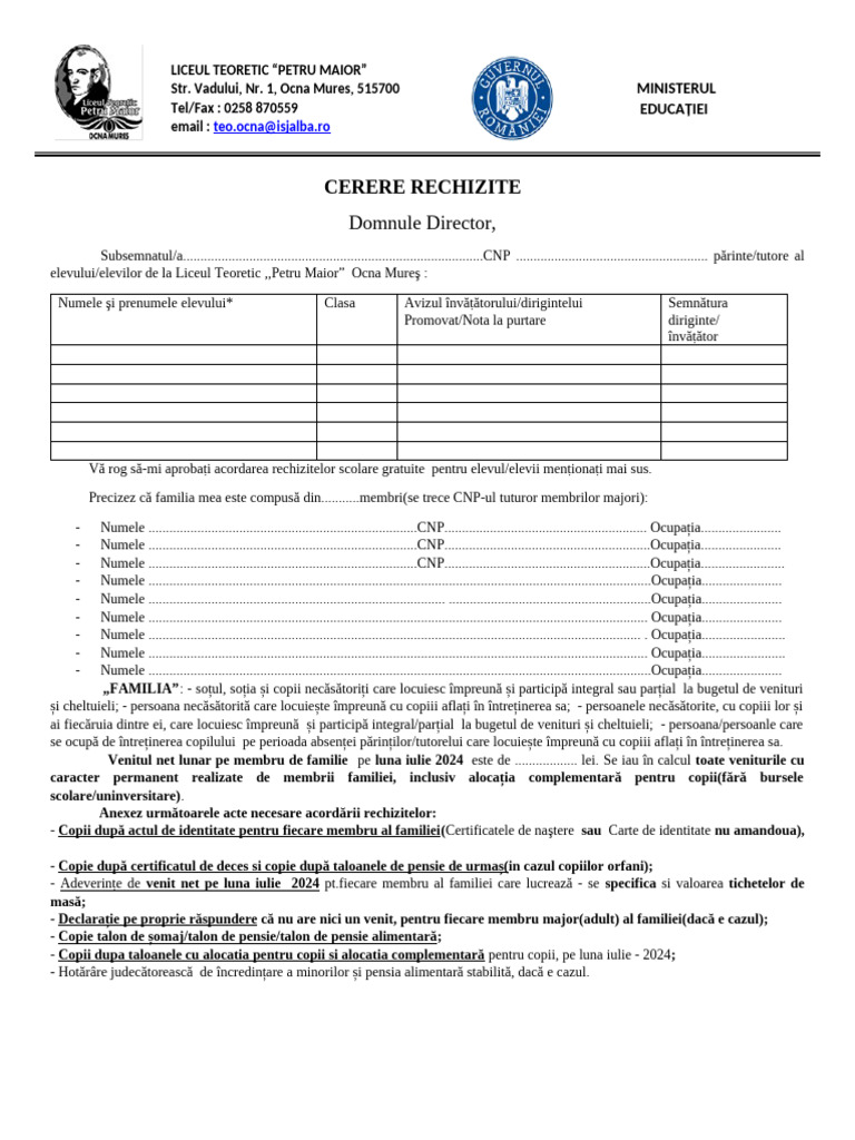 Cerere Si Declarație Rechizite 2024-1 | PDF