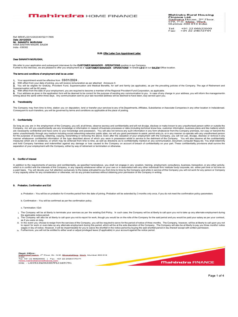 Mahindra Home Finance Offer Letter | PDF | Employment | Confidentiality