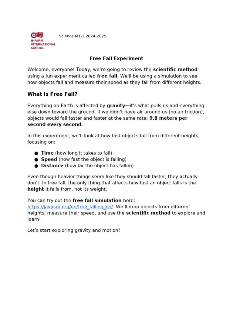 2024-2025 M2 Science Free Fall Experiment 1 | PDF