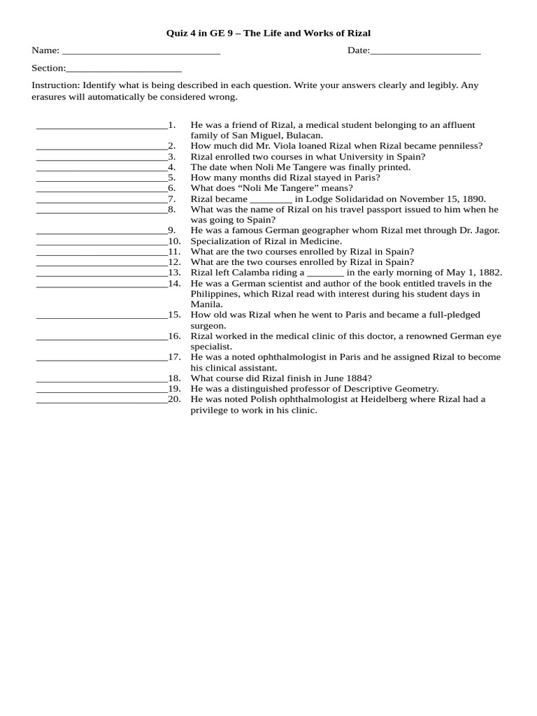 Quiz 4 in GE 9 - The Life and Works of Rizal | PDF | Medicine | Health Care