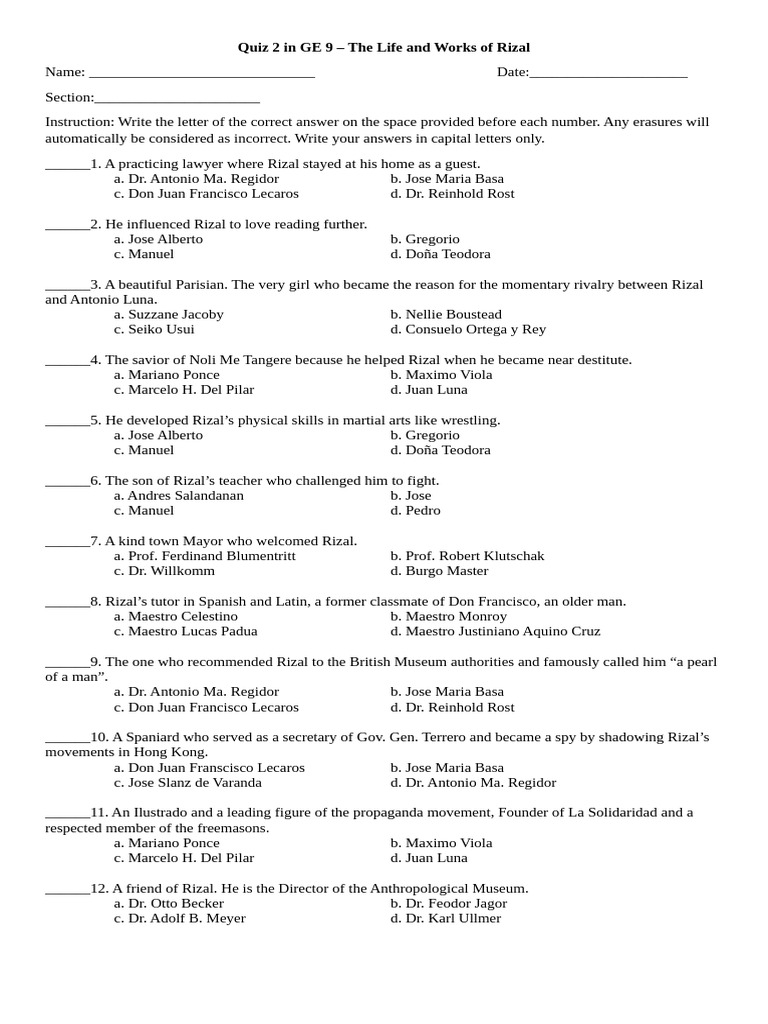 Quiz 2 in GE 9 - The Life and Works of Rizal | PDF | Philippines