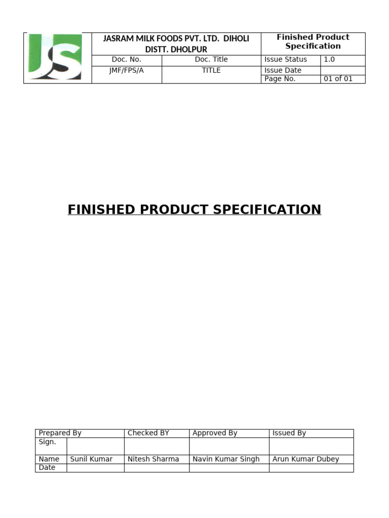 Finishaed Product Specification | PDF