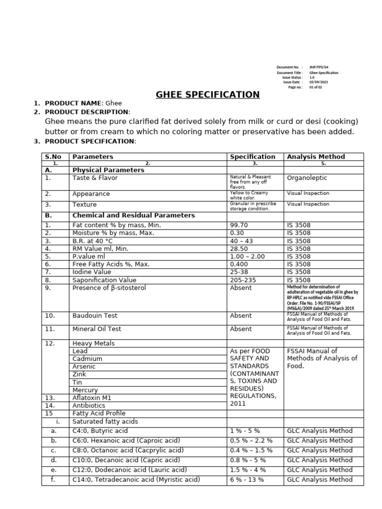 Ghee Specification For Export | PDF