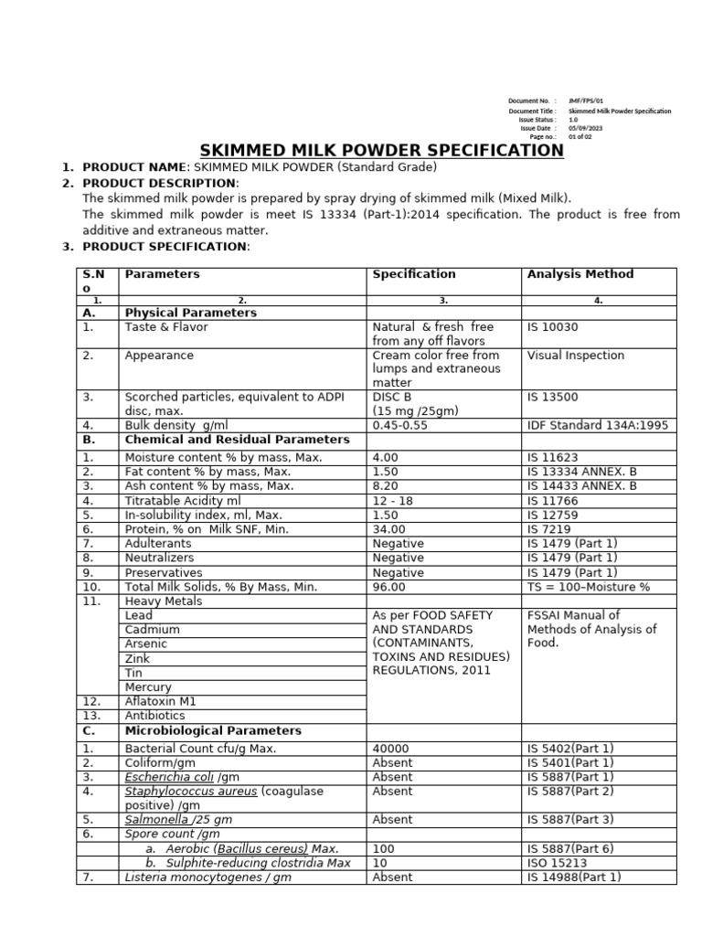 Skimmed Milk Specification for Export | PDF