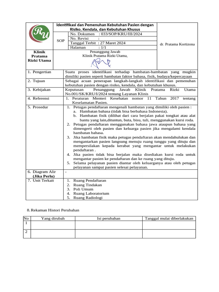 SOP Identifikasi Dan Pemenuhan Kebutuhan Pasien Dengan Risiko | PDF