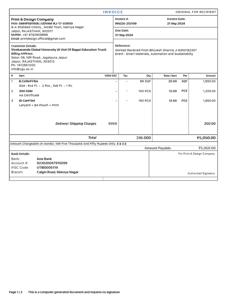 INV 24-25-109 - Vivekananda Global University (A Bagadia Education Trust) - Bhuvesh Sharma (Mech ...