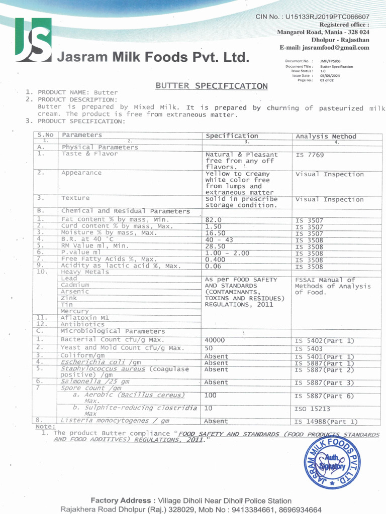 Butter Specification | PDF