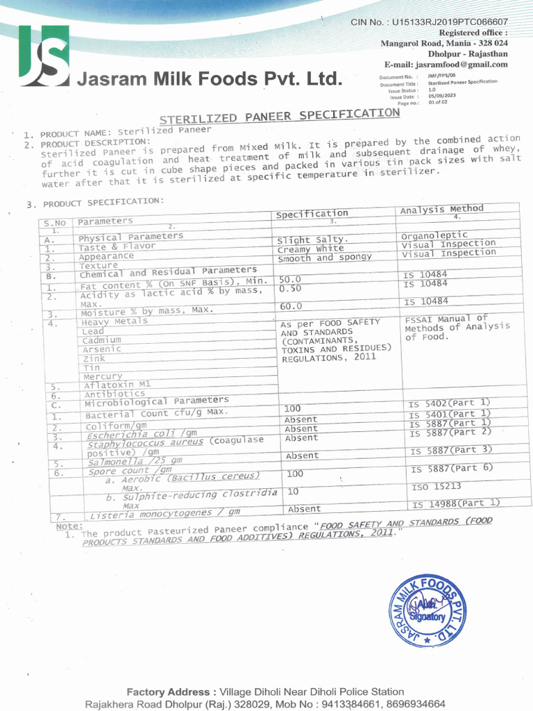 Paneer Specification | PDF