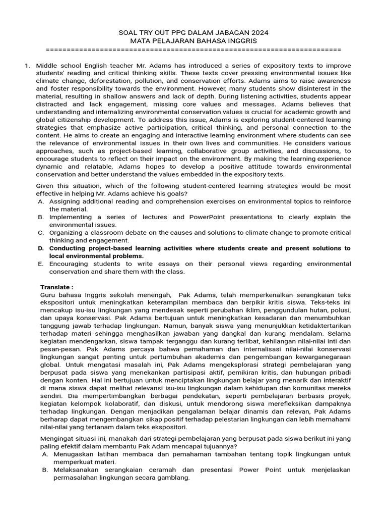 Soal Try Out PPG Daljab 2024 | PDF | Learning | Project Based Learning