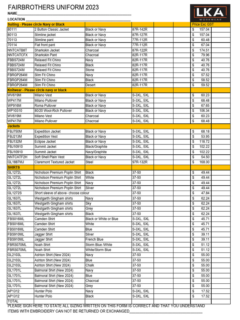 Corporate Unifrom Order Form (Mens) 2024 | PDF | Shirt | Dress Codes