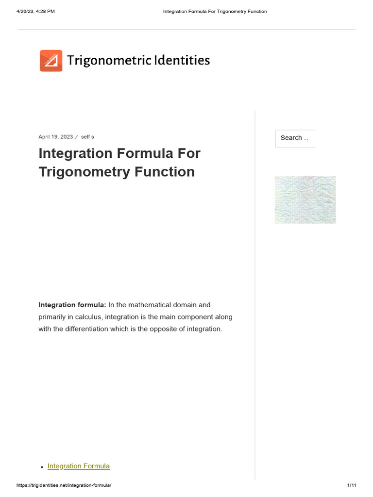Integration Formula For Trigonometry Function | PDF Integration Formula For Trigonometry Function | PDF