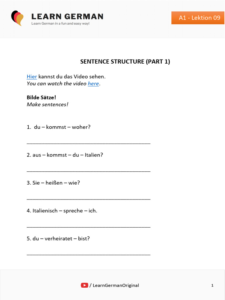 A1 - Lesson 9 - Sentence Structure (Part 1) | PDF