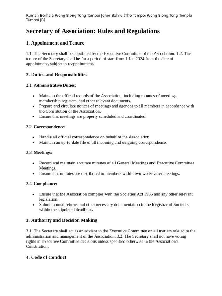 Secretary of Association Rules and Regulations | PDF