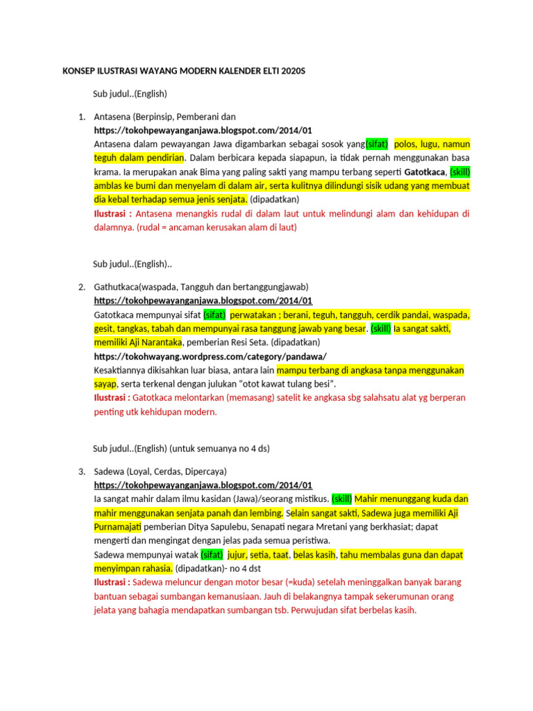 Tokoh Wayang KALENDER ELTI 2020 | PDF