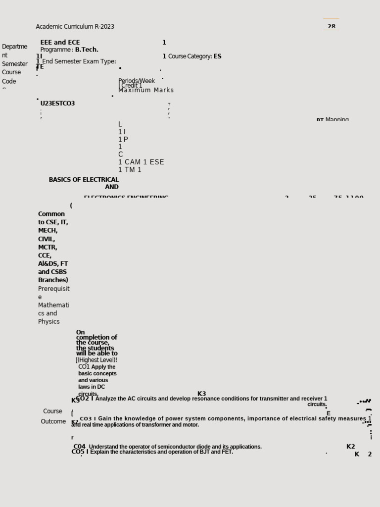 U23ESTC03 BEEE Theory Syllabus | PDF
