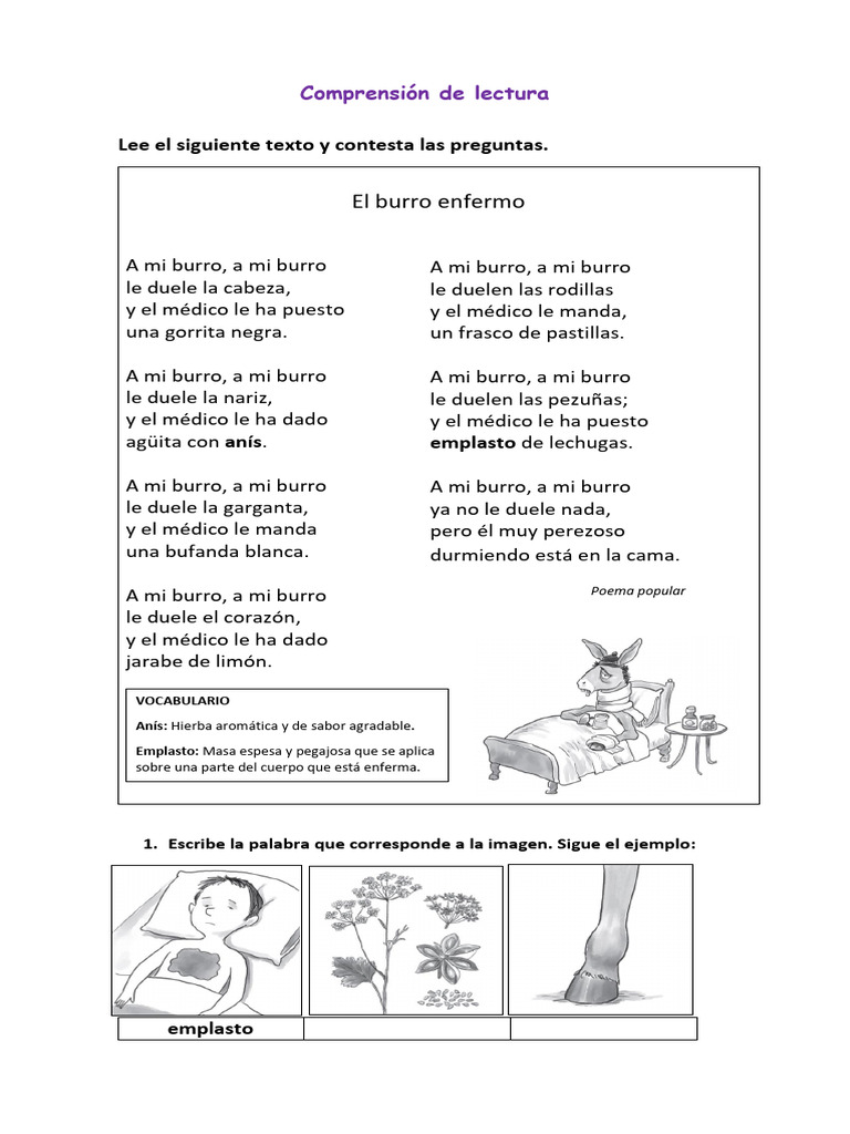 Comprensión de lectura Burro enfermo poema | PDF