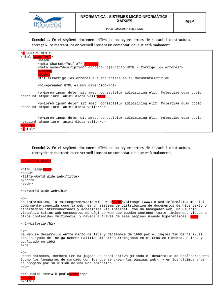 Exercicis HTML I CSS Moodle | PDF