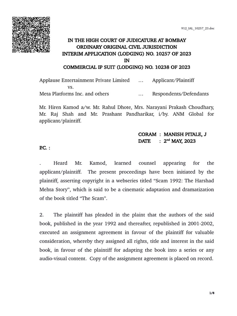 Applause Entertainment Private Limited V Meta Platforms Inc and | PDF | Injunction | Copyright
