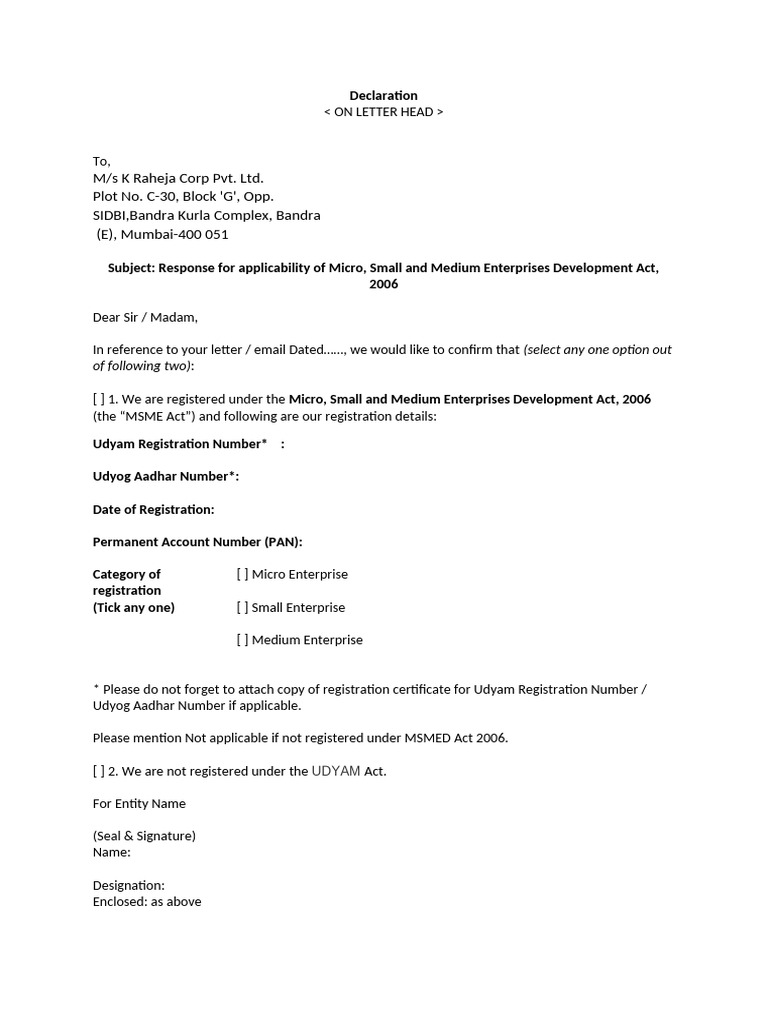 MSME & Udayam Declaration Format | PDF
