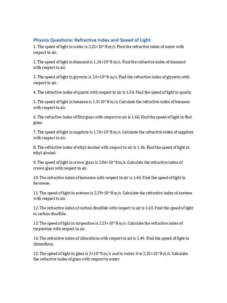 Physics Questions Refractive Index | PDF