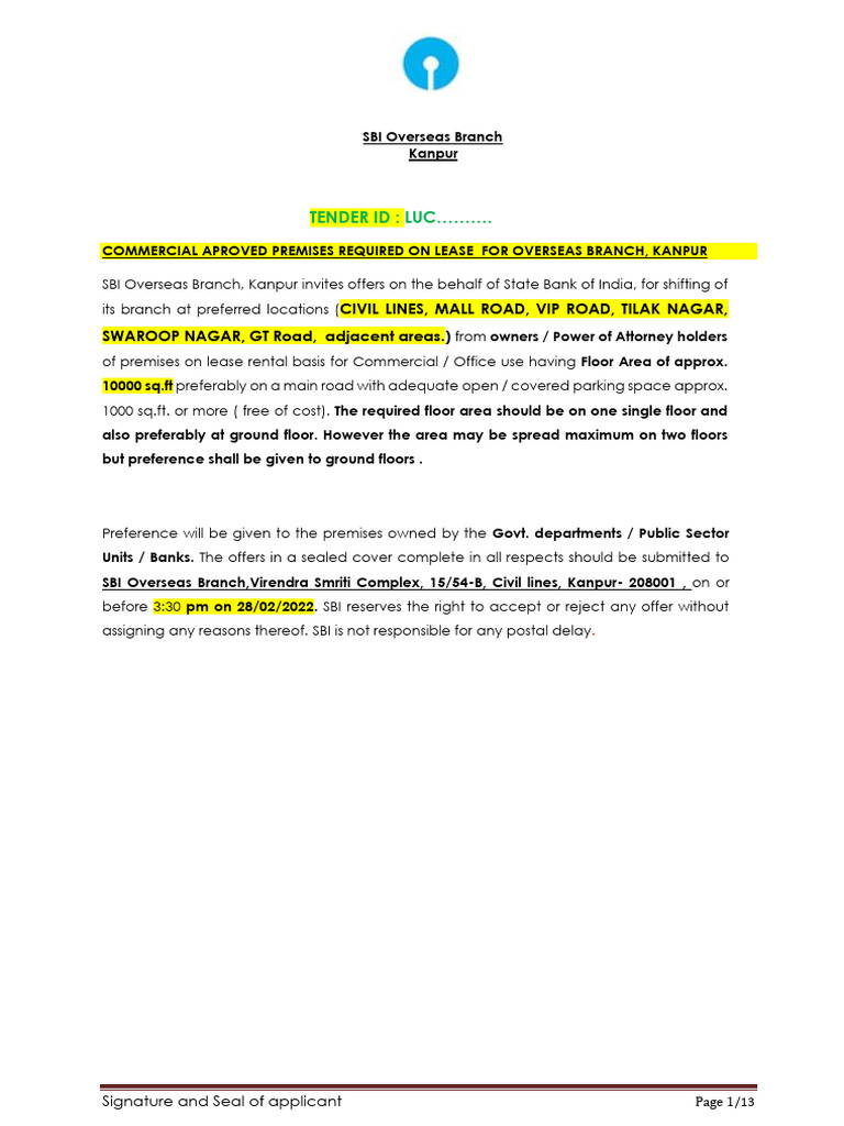 SBI Tender Method Series1 | PDF | Lease | Business