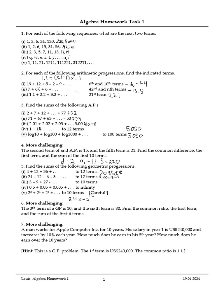 Algebra Sequences and Progressions Task | PDF