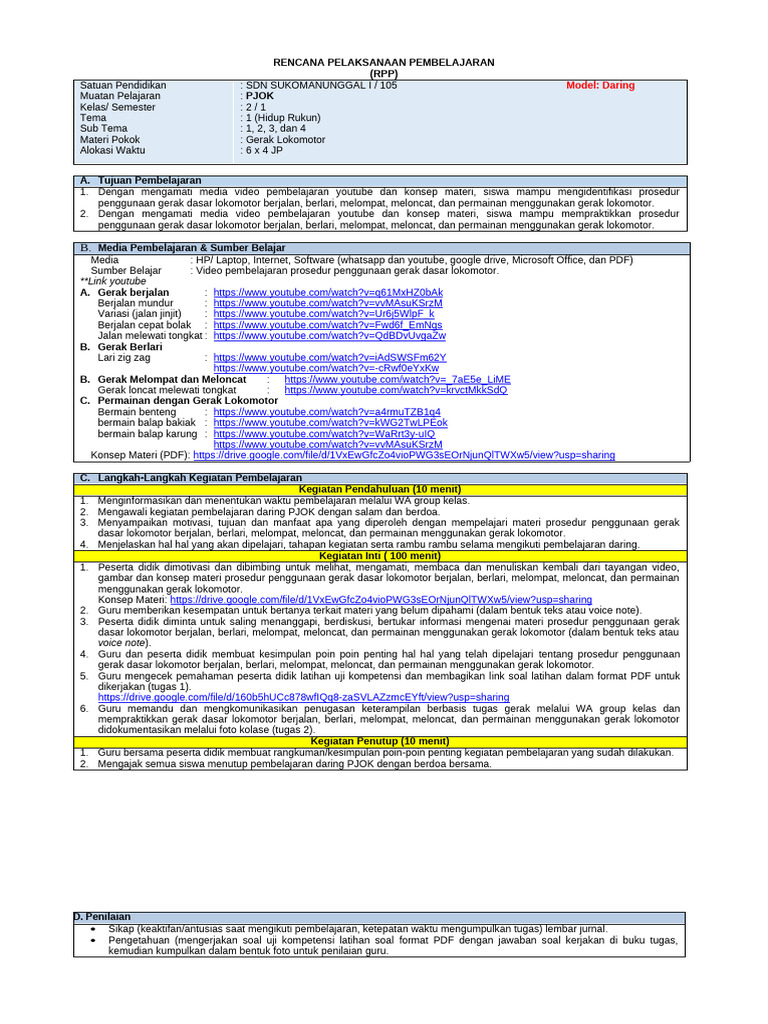 RPP Pjok Kelas 2 SMSTR 1 2021 | PDF