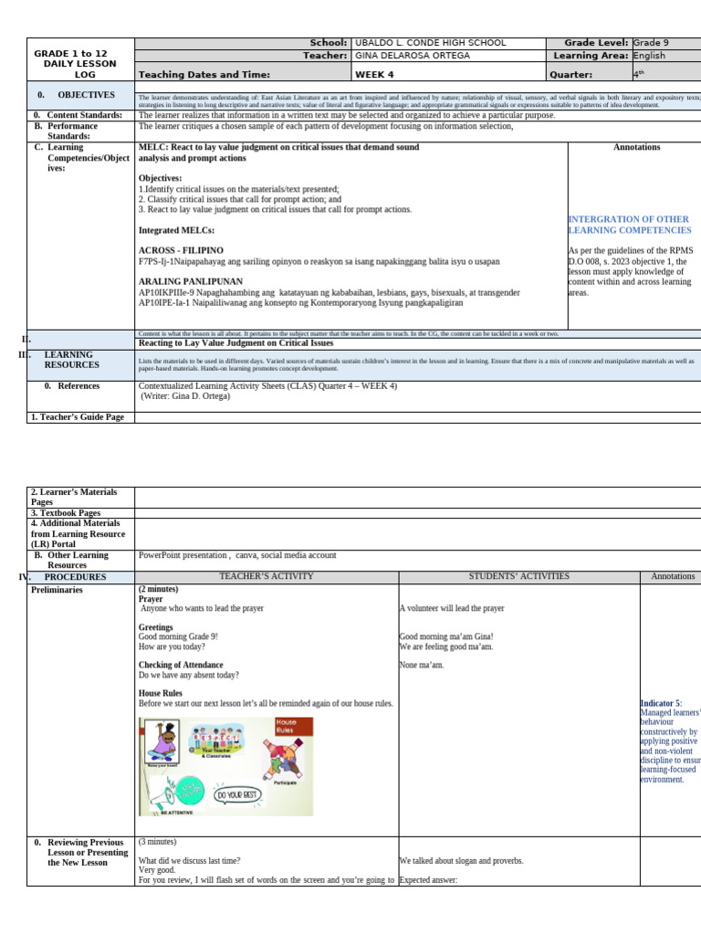 GRADE 1 To 12 Daily Lesson LOG School: Grade Level: Teacher: Learning ...