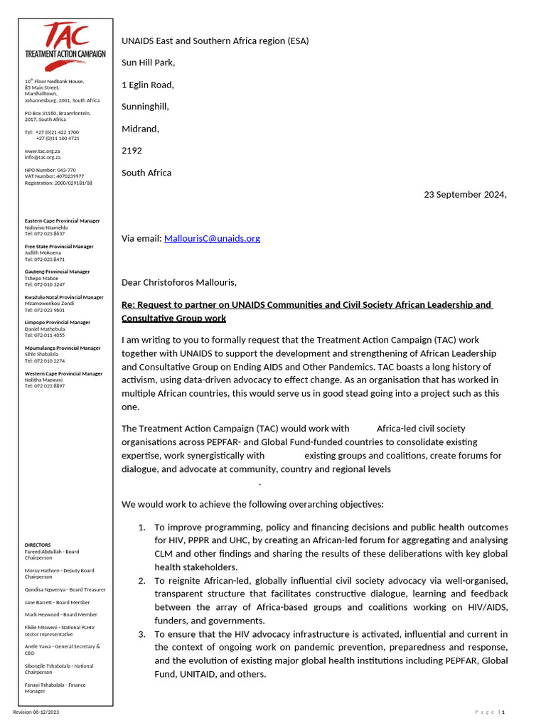 TAC Letter to UNAIDS September 2024 | PDF