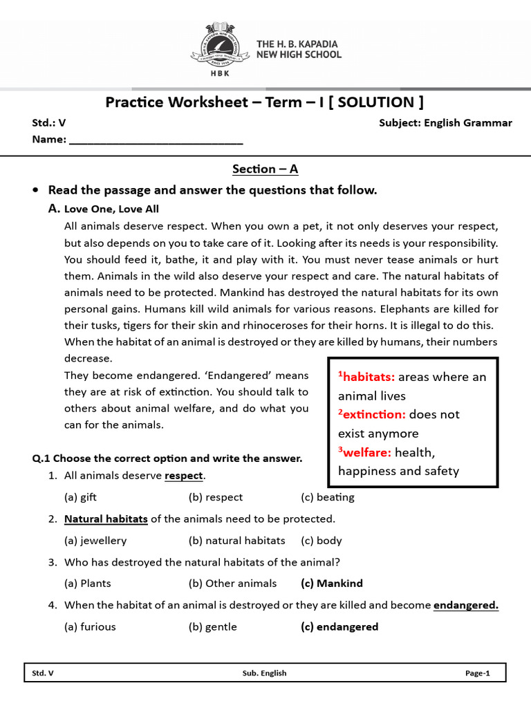 Grade - 5 - English Gra - Practice WS - Term - 1 - Solution | PDF