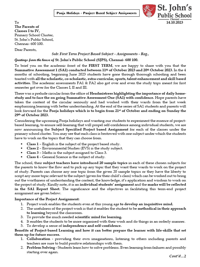 Educational Project For Class 1 | PDF