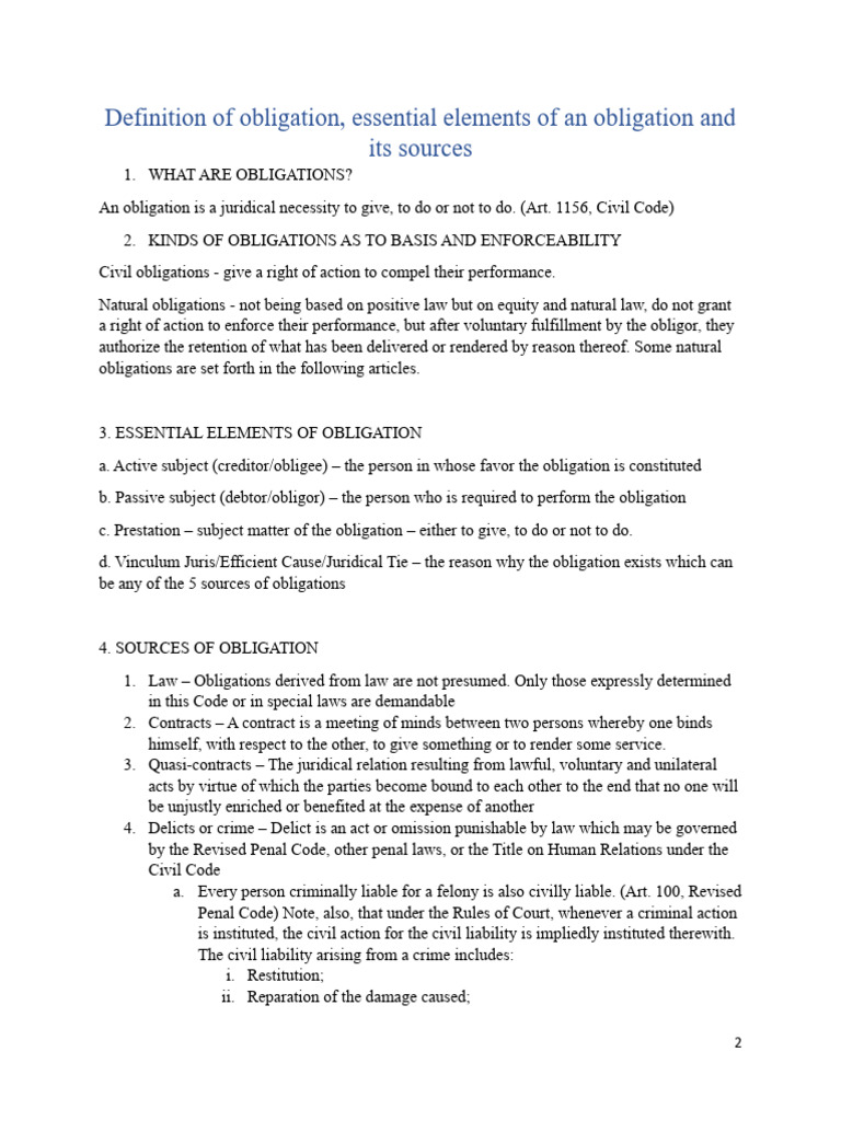 Lesson 1 Definition of Obligation, Essential Elements of An Obligation ...