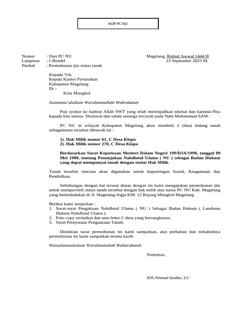 Permohonan Ijin Status Tanah (Pak Joko) | PDF