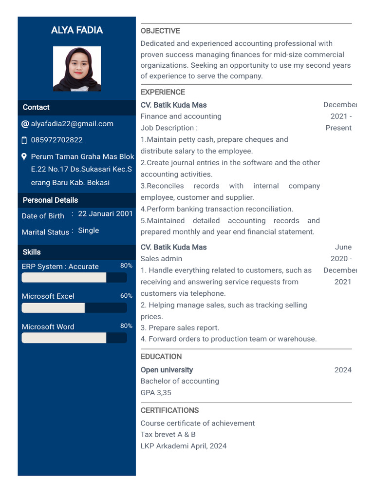 Alya Fadia STAFF ADMINISTRASI FINANCE ACCOUNTING Resume | PDF